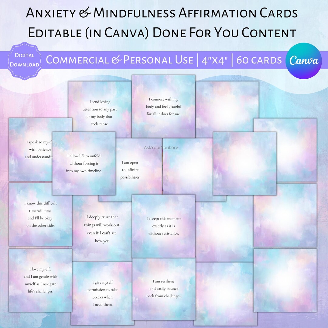 Editable Pastel Affirmation Cards: Anxiety & Mindfulness Canva Template ...