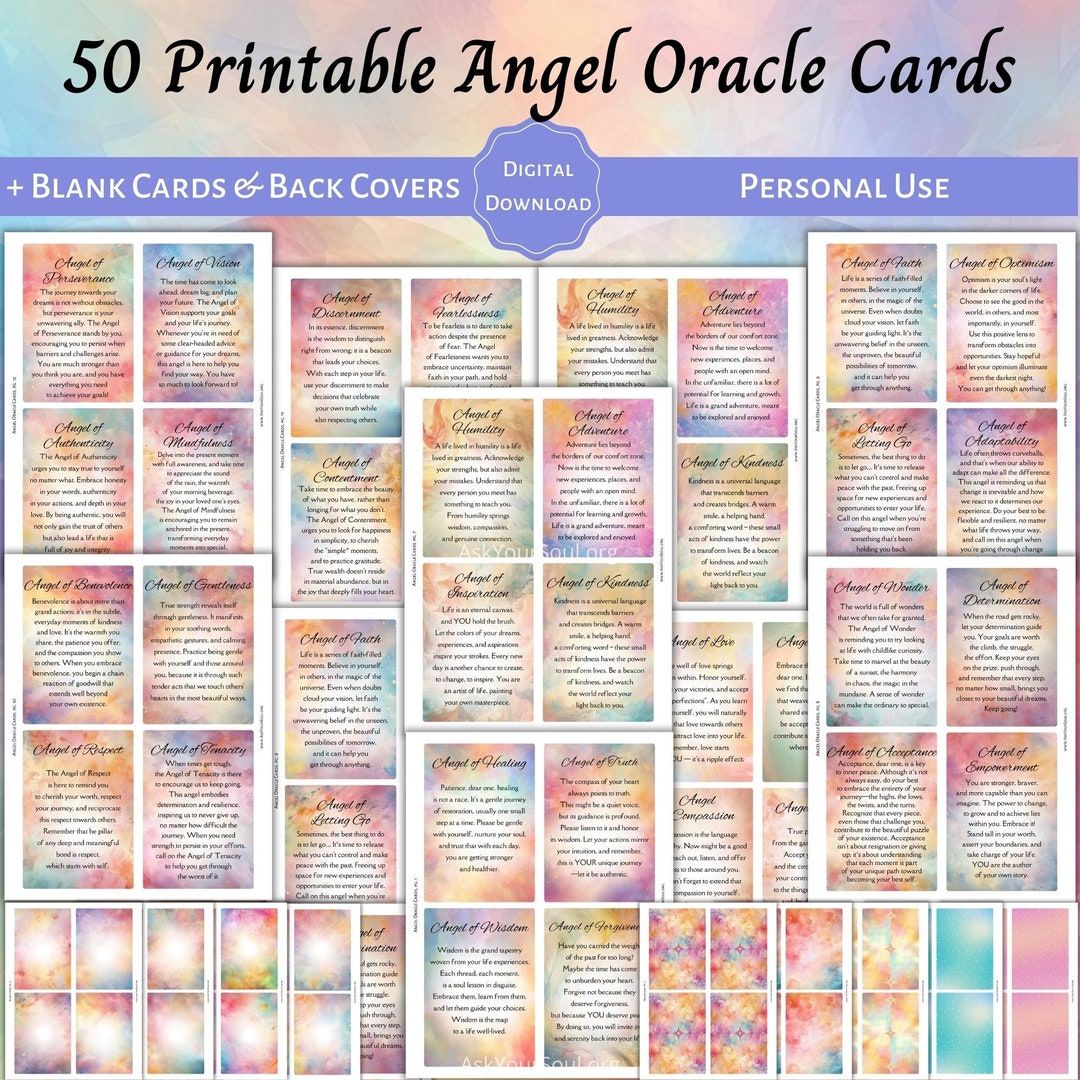 50 Printable Angel Oracle Cards Personal Use Colorful Spiritual