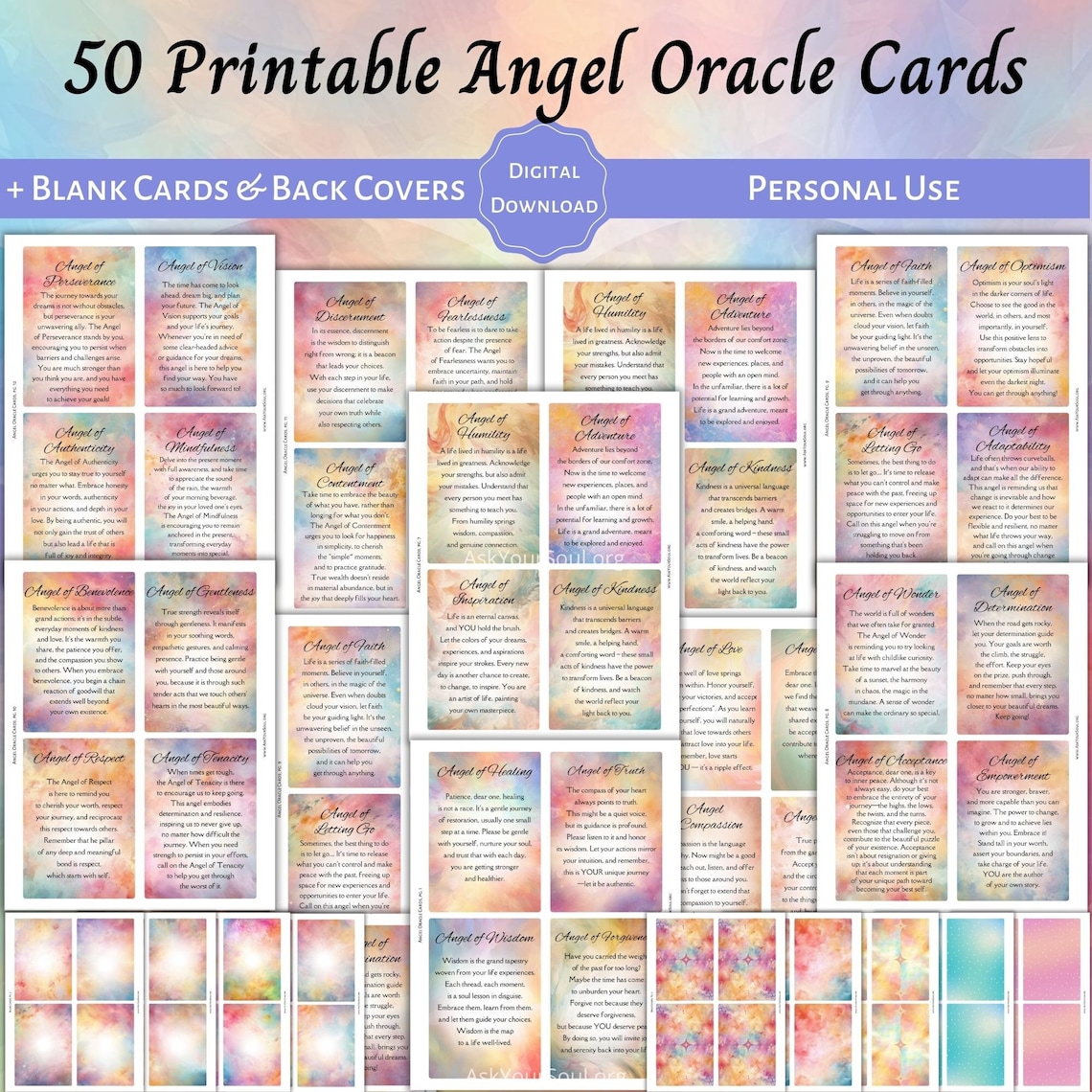 50 PRINTABLE Angel Oracle Cards Personal Use Colorful Spiritual ...