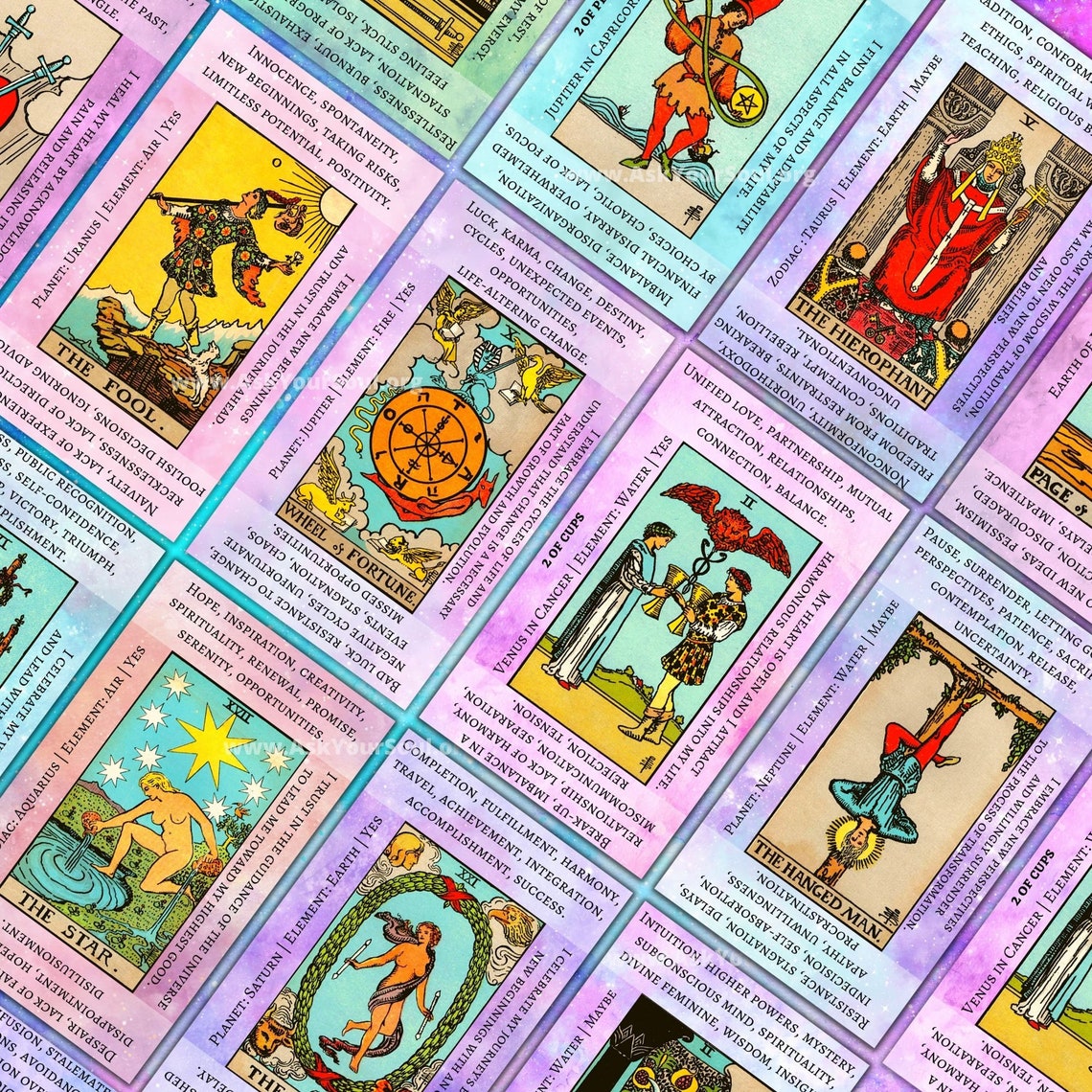 PRINTABLE Rider-waite Tarot Cards With Keywords PDF Galaxy Background ...