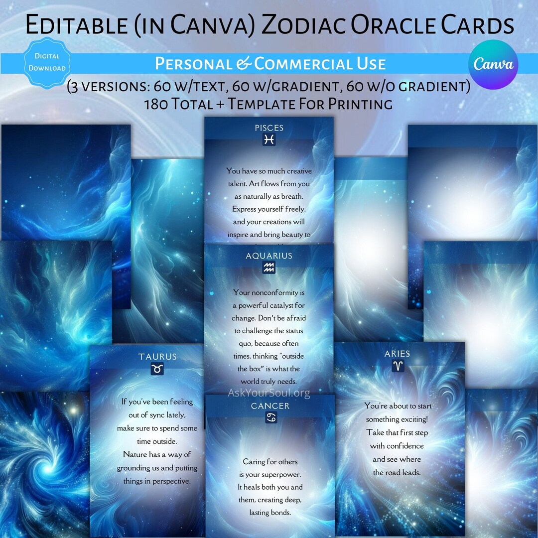 Editable Zodiac Oracle Cards Canva Template Commercial & Personal Use ...
