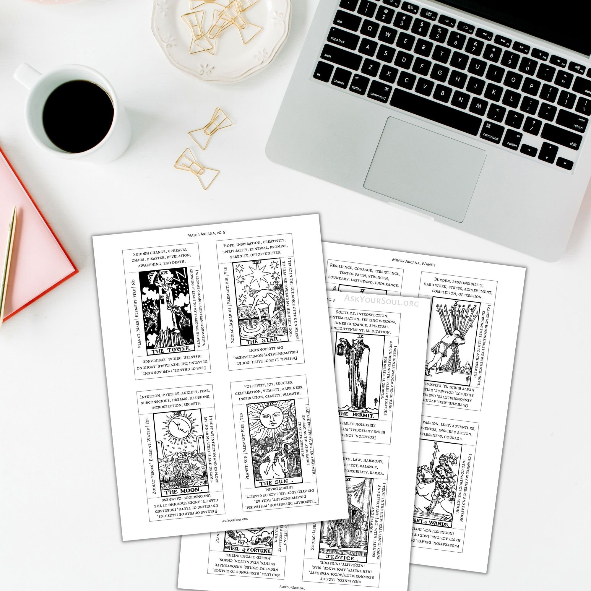 PRINTABLE Black & White Rider-waite Tarot Cards With Keywords PDF Upright and Reversed Meanings ...