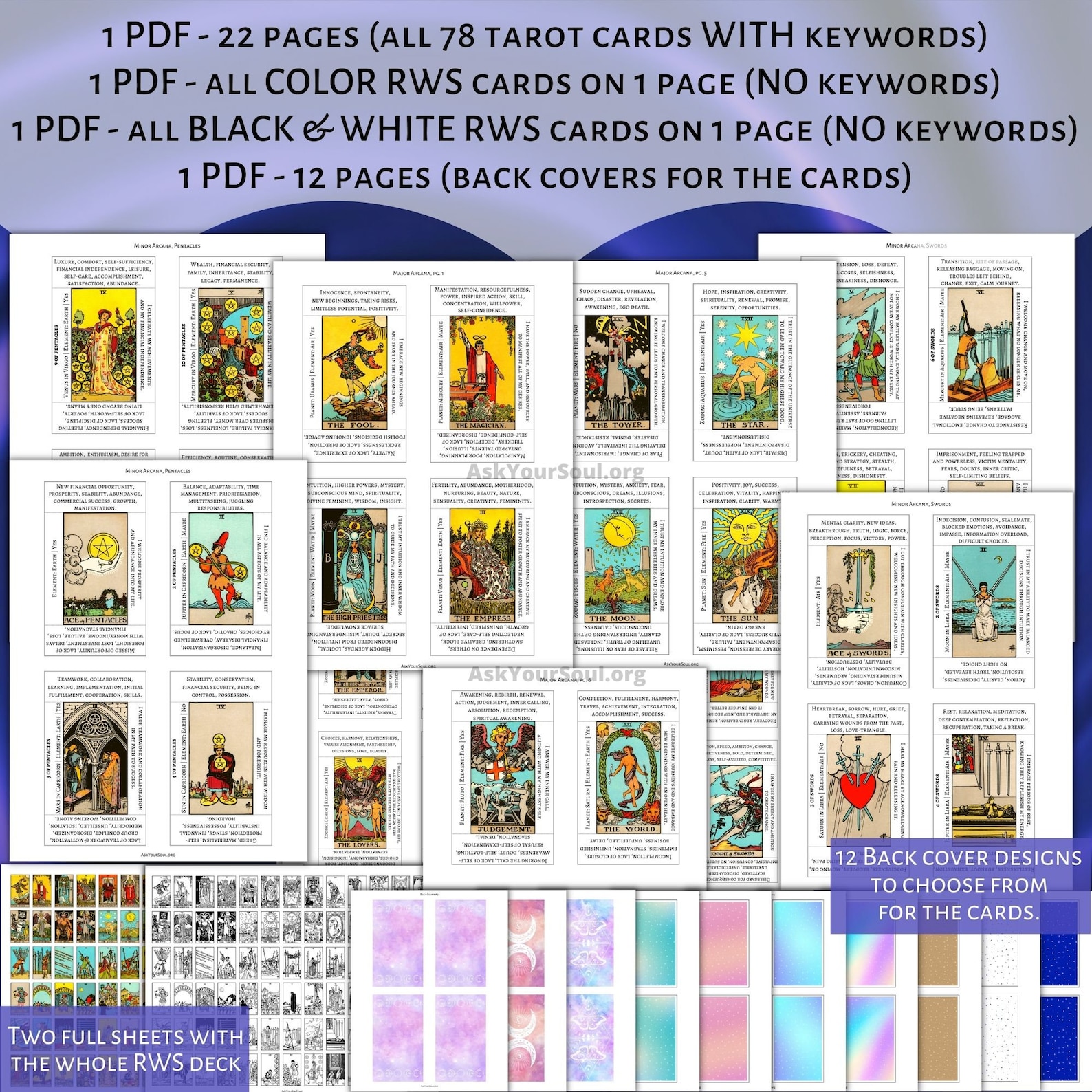 PRINTABLE Rider-waite Tarot Cards With Keywords PDF Upright and Reversed Meanings Tarot Beginner ...