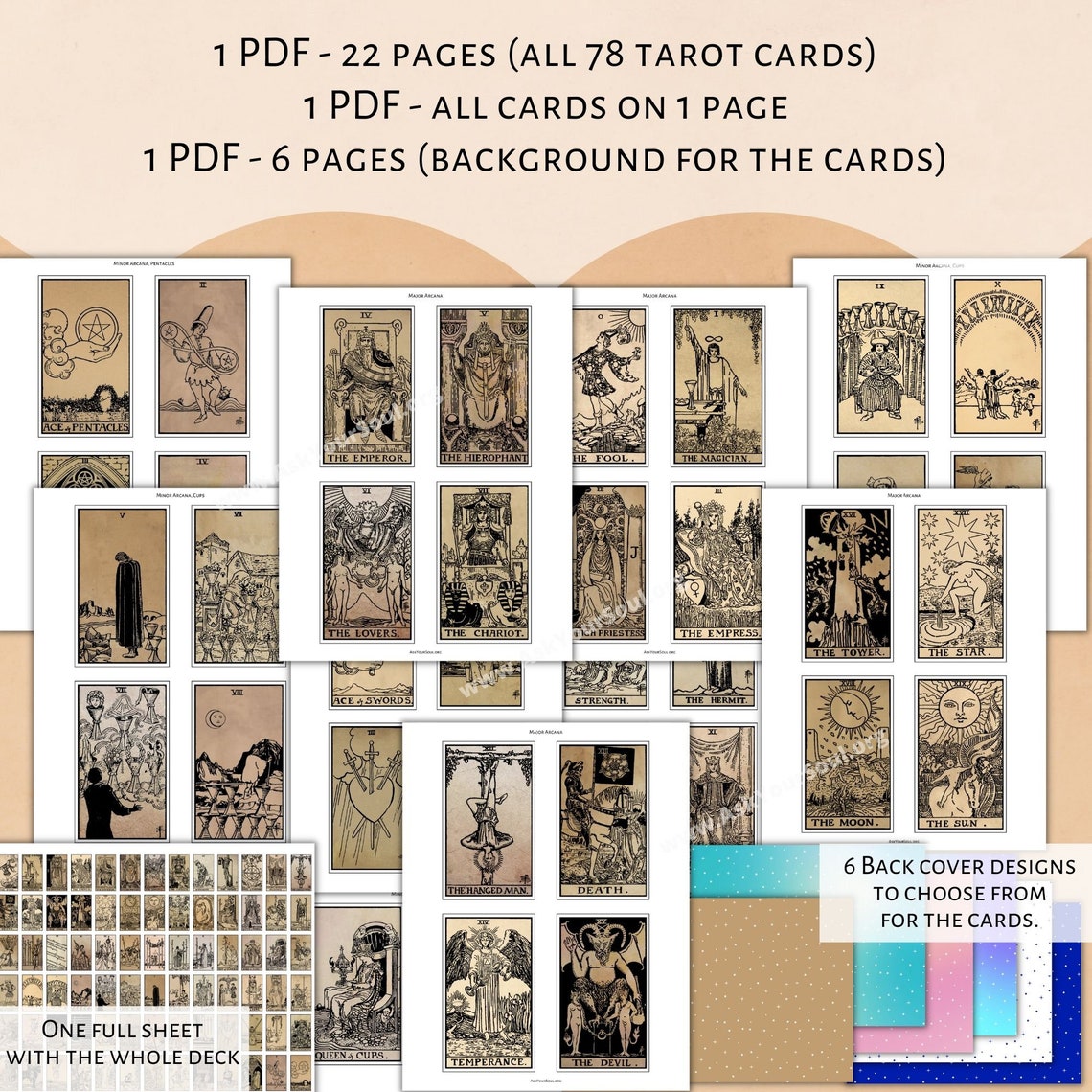 PRINTABLE Rider-waite Tarot Cards vintage Background Printable Card ...