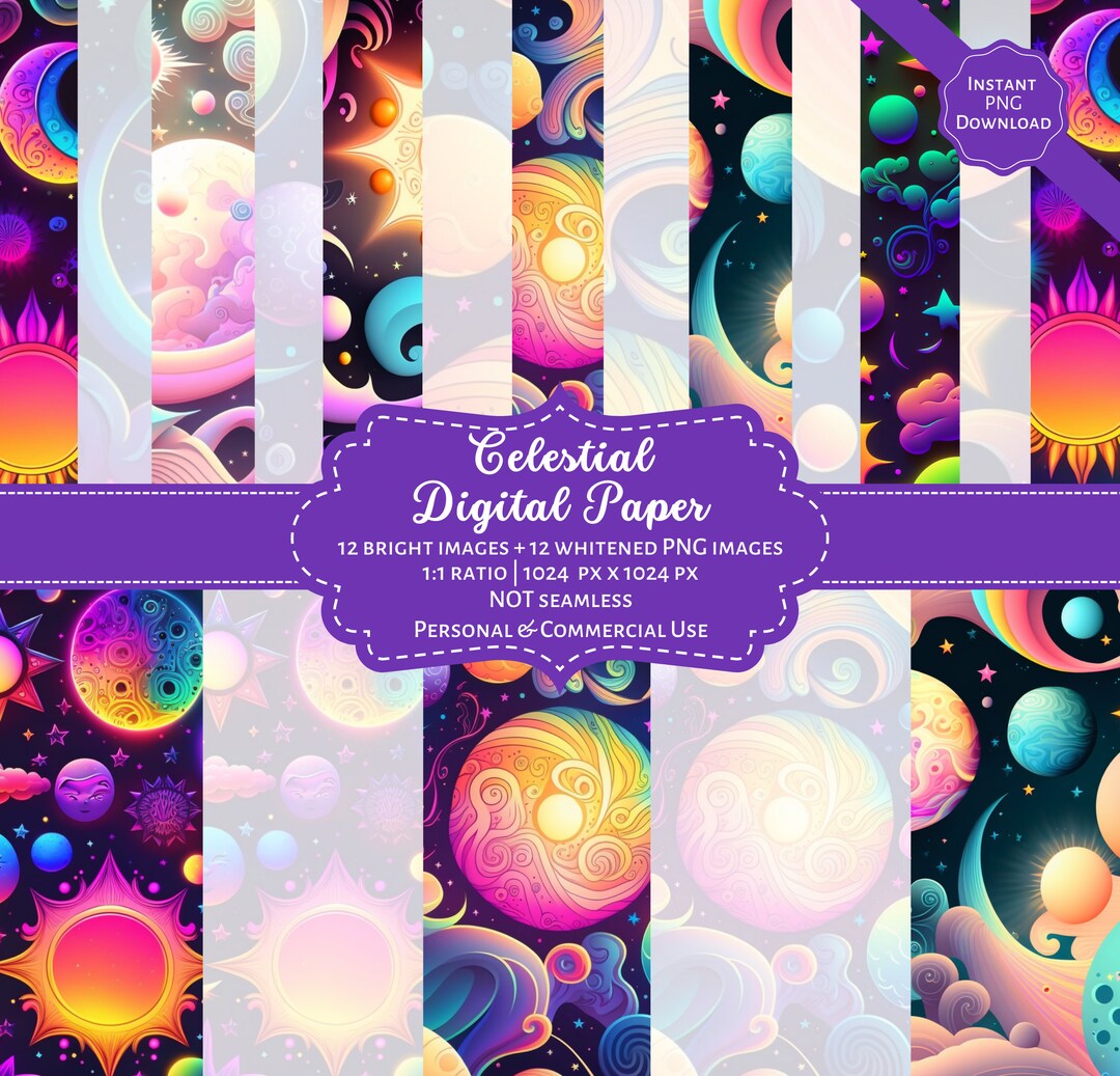 12 Celestial Digital Paper Pngs (two Versions) Commercial Use Colorful ...