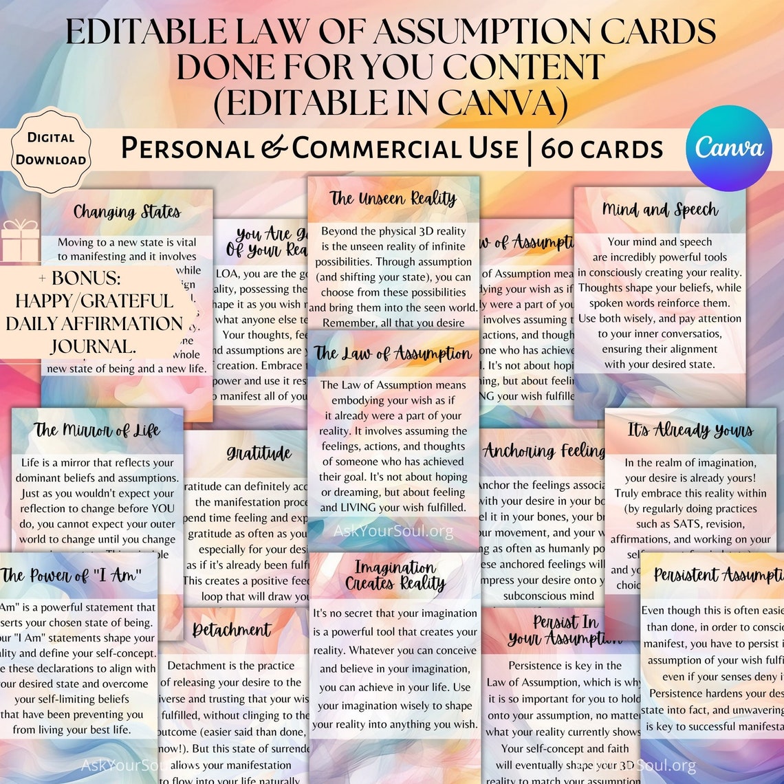 60 Editable Law of Assumption Cards Neville Goddard Colorful Canva ...