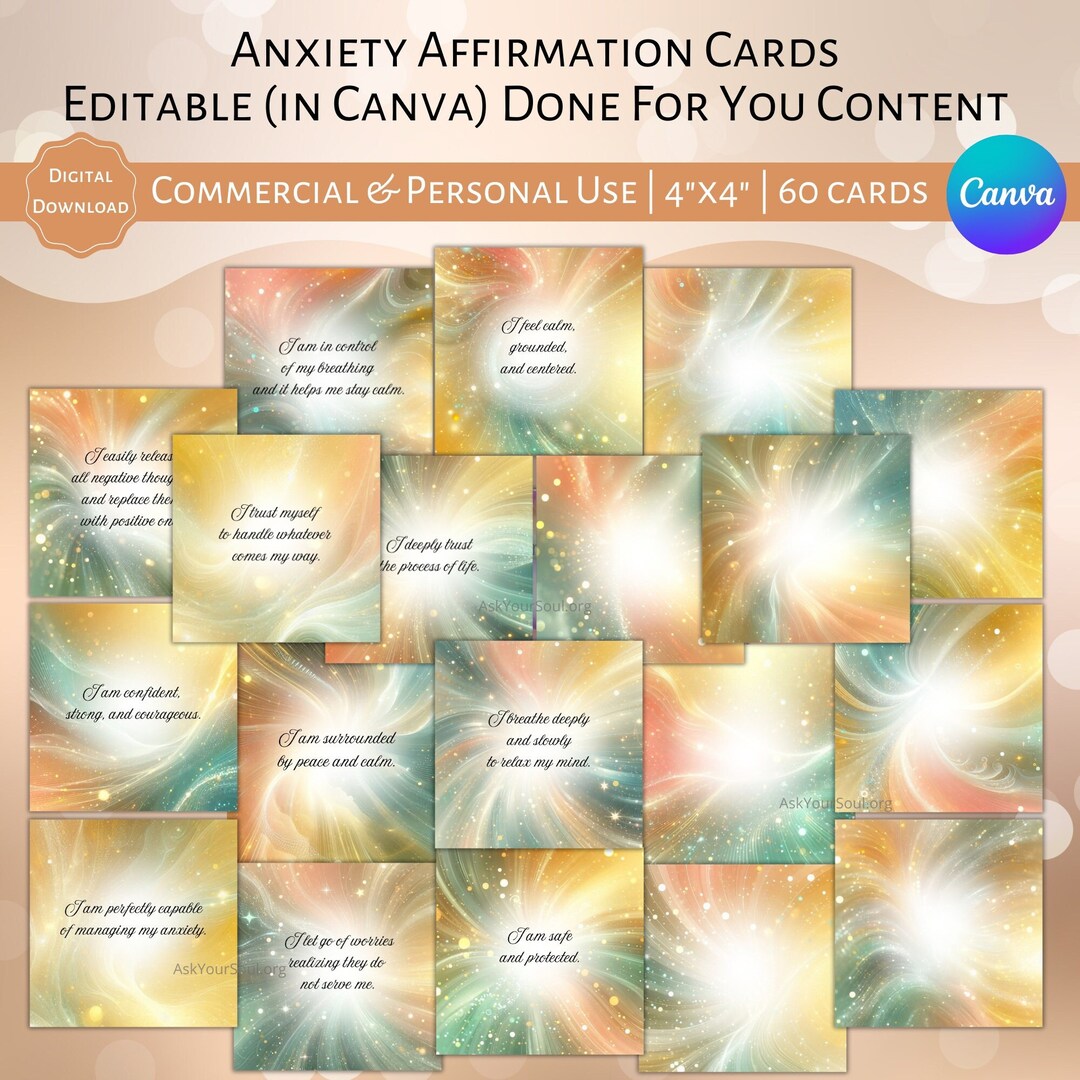 Editable Anxiety Relief Affirmation Cards Square Canva Template ...