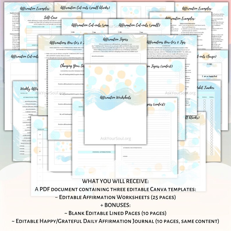 Editable Affirmation Worksheets and Affirmation Cards Canva Template ...