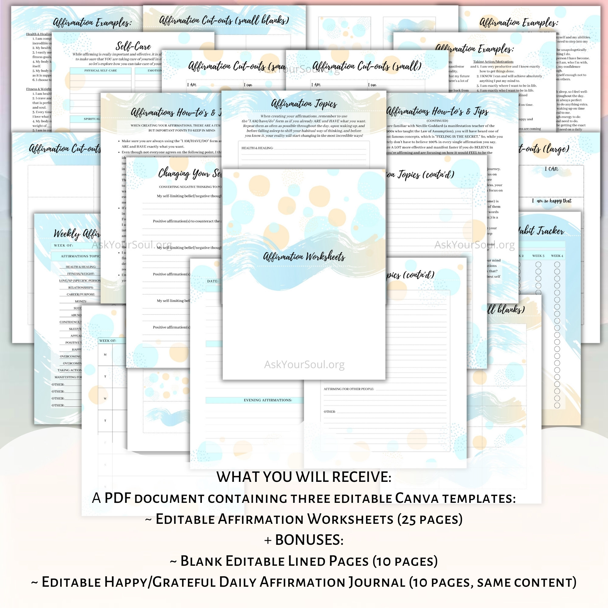 Editable Affirmation Worksheets and Affirmation Cards Canva Template ...