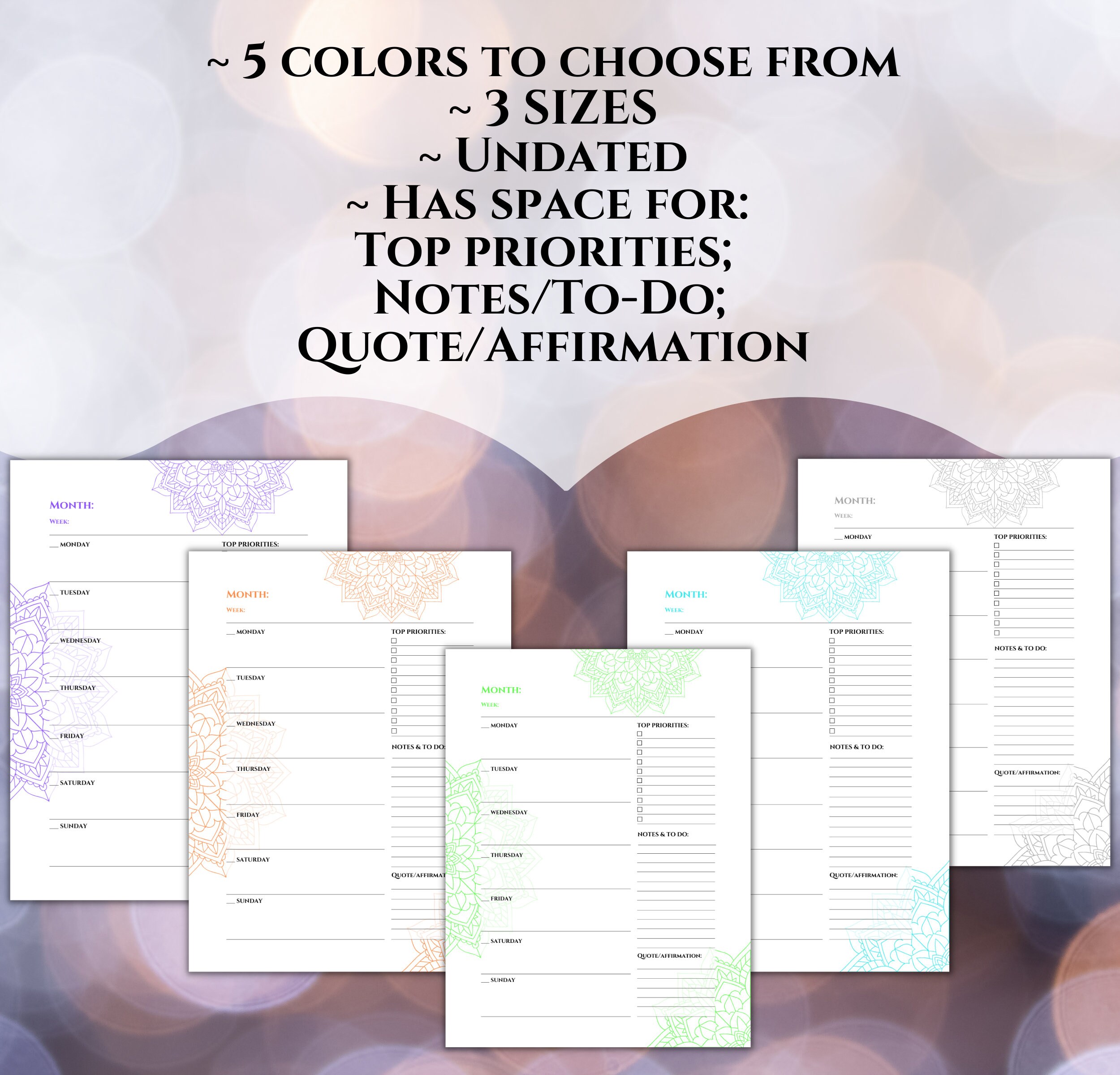 Undated PRINTABLE Weekly Planner Mandala Planner Geometric Flowers ...