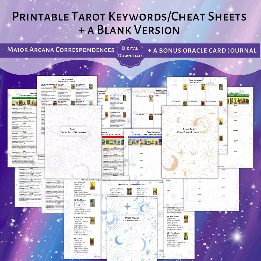 PRINTABLE Tarot Cheat Sheet & Keywords+blank Version Rider Waite Smith ...