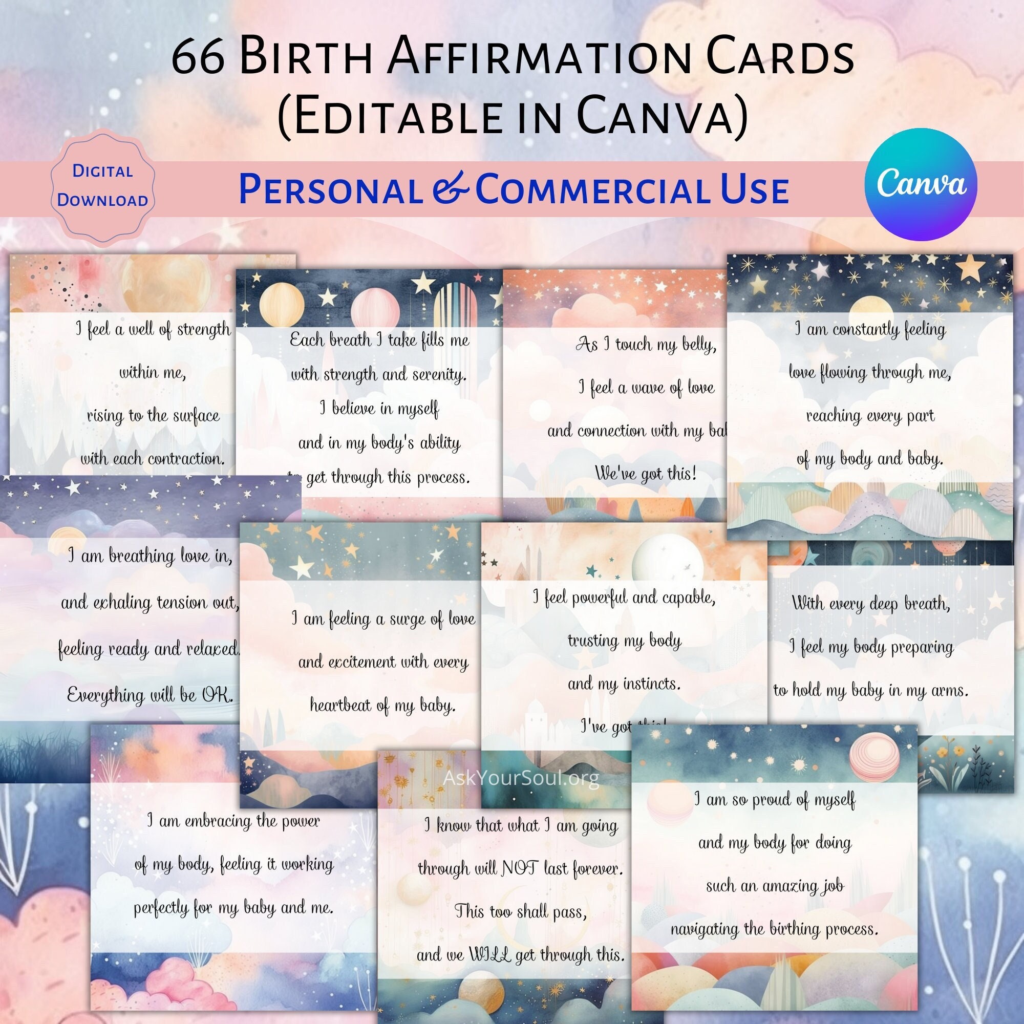66 Editable Birth Affirmation Cards Square Canva Template Commercial ...
