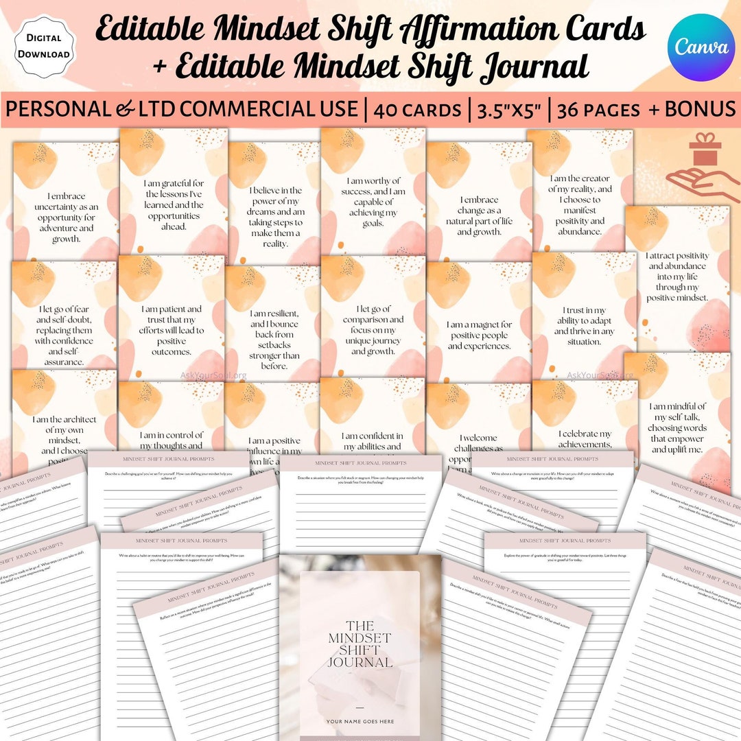 Editable Mindset Shift Journal and Mindset Shift Affirmation Cards ...
