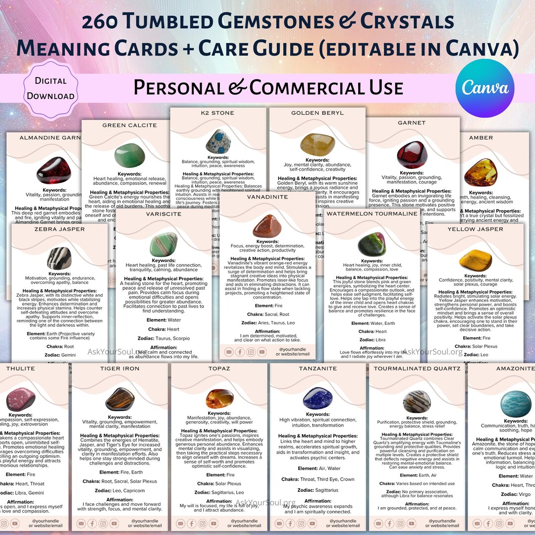 260 Editable Tumbled Gemstone and Crystal Meaning Cards Commercial Use ...