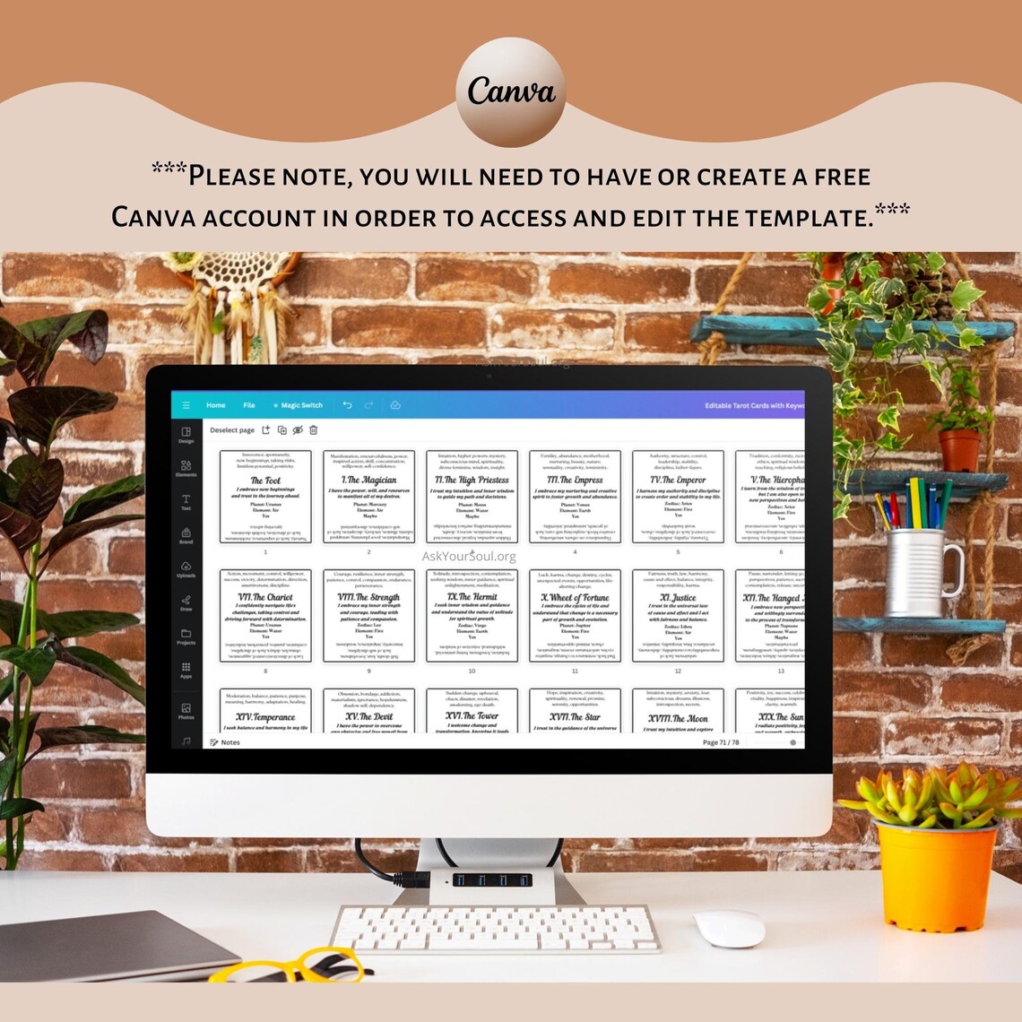 Editable Tarot Cards With Keywords Square Canva Template Commercial ...