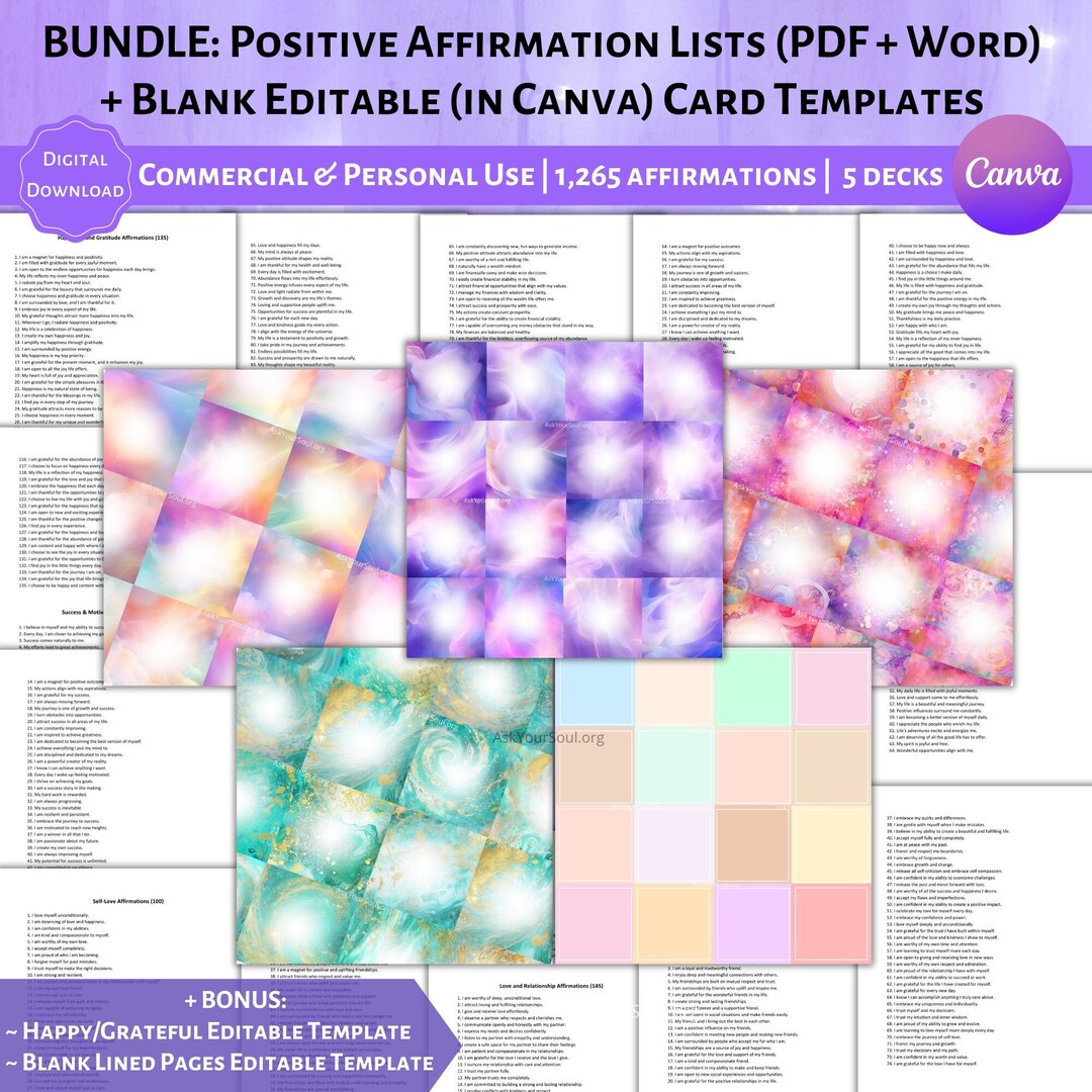 Bundle: Positive Affirmation Lists & Editable Square Cards PDF ...