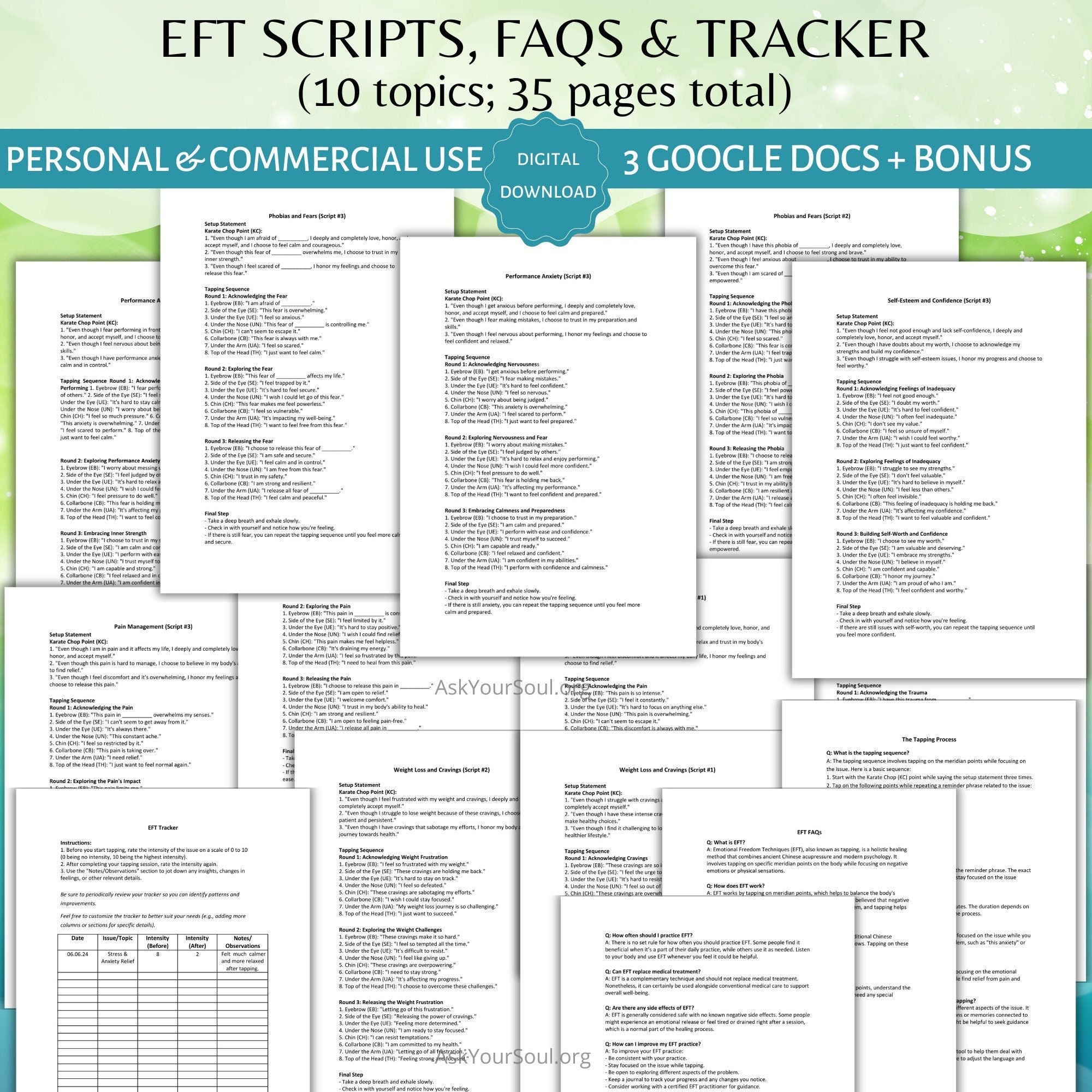Editable EFT Emotional Freedom Technique Scripts Faqs Tracker Google Docs Commercial & Personal ...