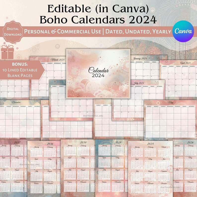 Editable 2024 Boho Calendar Abstract Canva Template Commercial ...
