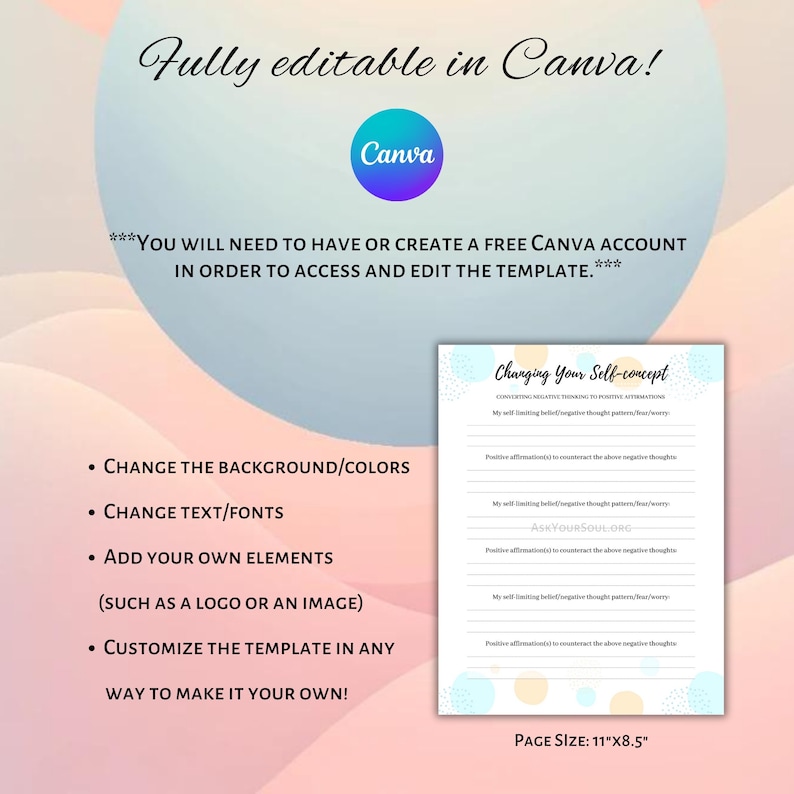 Editable Affirmation Worksheets and Affirmation Cards Canva Template ...