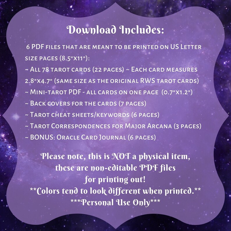 PRINTABLE Galaxy Tarot Cards & Cheat Sheets Keywords Rider Waite Smith ...