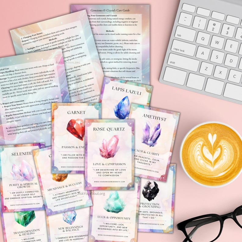 20 Editable Crystal Affirmation Cards and Care Guide Limited Commercial ...