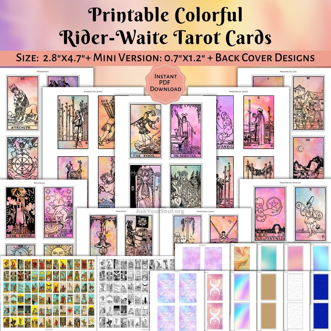 PRINTABLE Colorful Rider-waite Tarot Cards PDF Unique RWS Tarot Deck ...