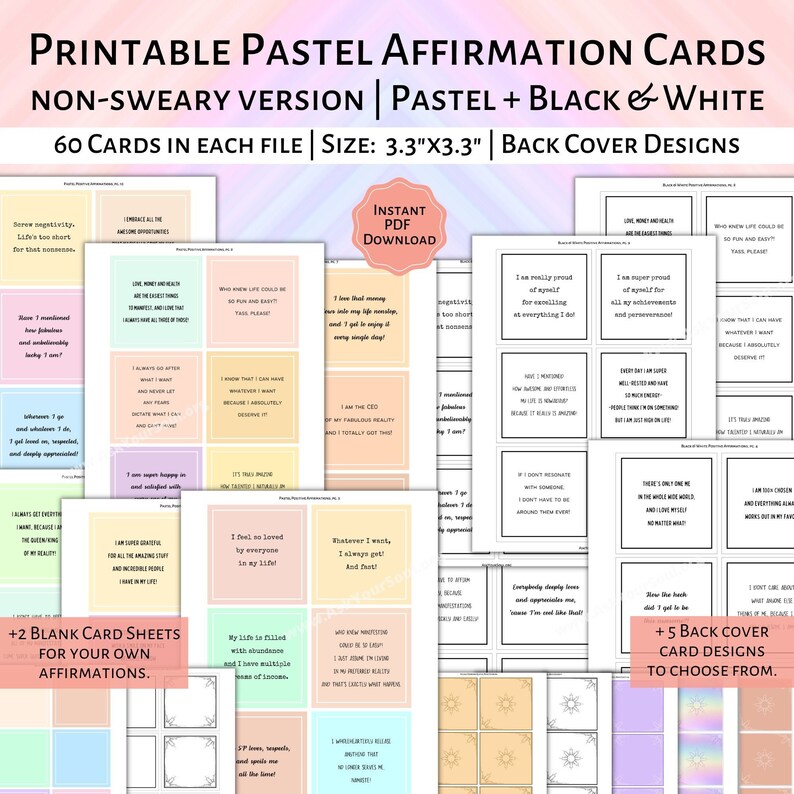 PRINTABLE Pastel Non-sweary Affirmation Cards 3.3"x3.3" | Black & White ...