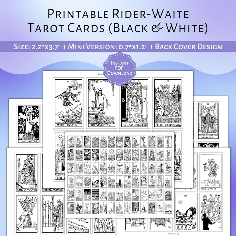 PRINTABLE Rider-waite Tarot Cards black & White Printable Card Deck PDF ...
