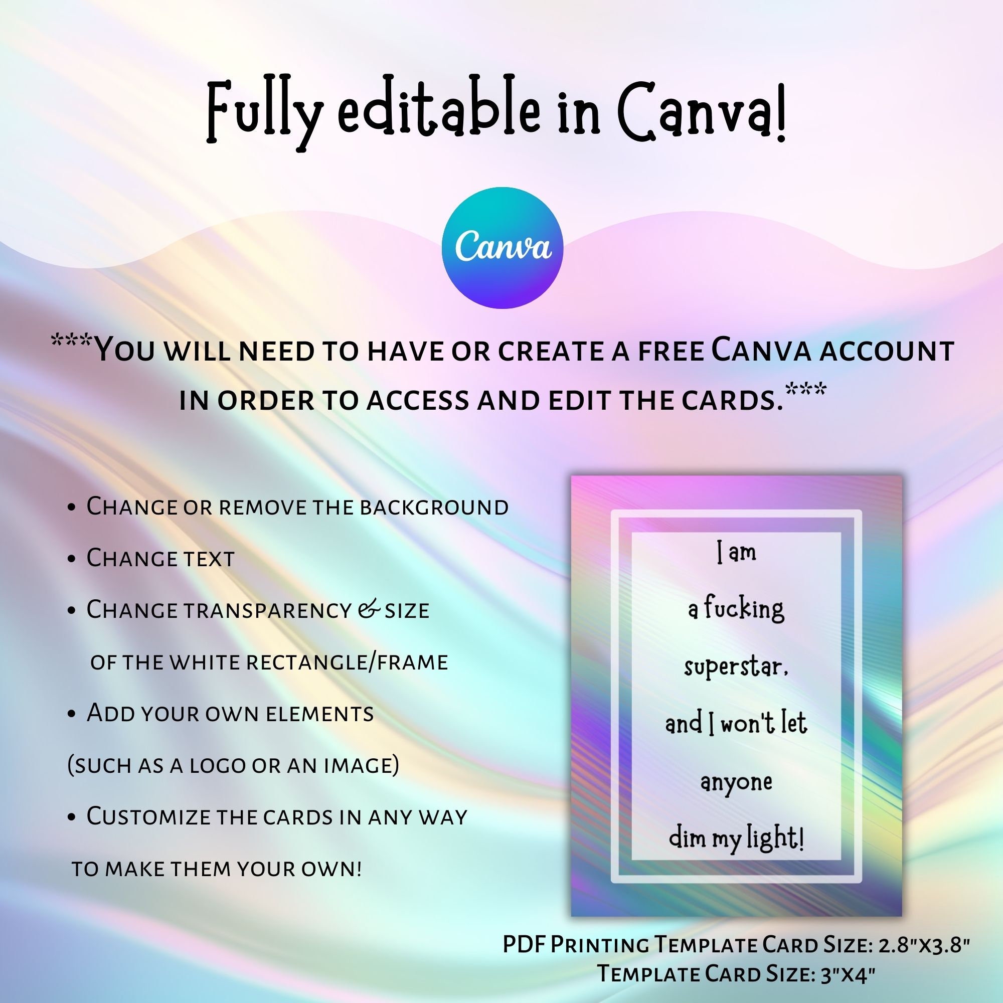 50 Editable Holographic Sweary Affirmation Cards Canva Template ...