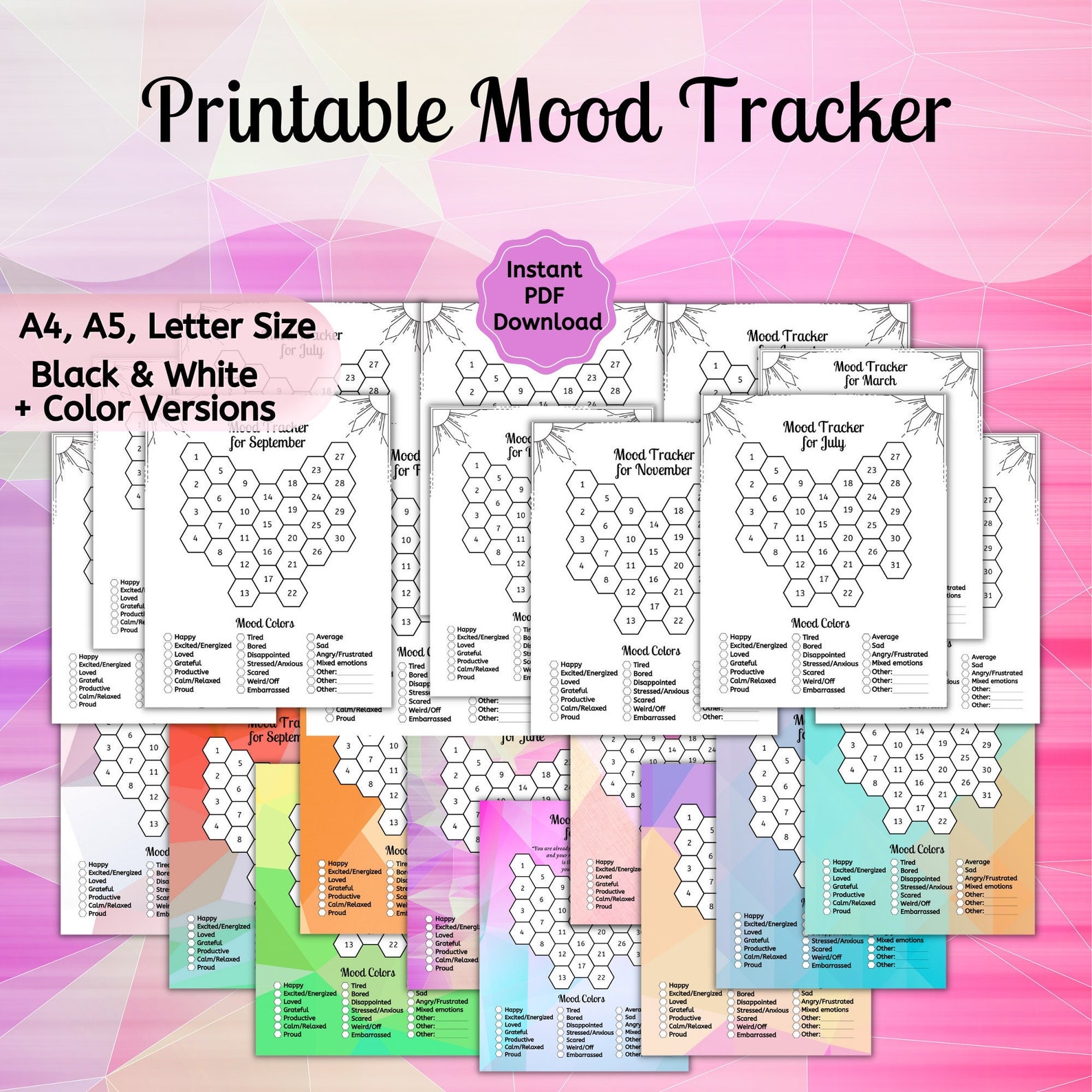 12 Printable Monthly Mood Tracker Templates Mood Tracking Pdfs Self ...