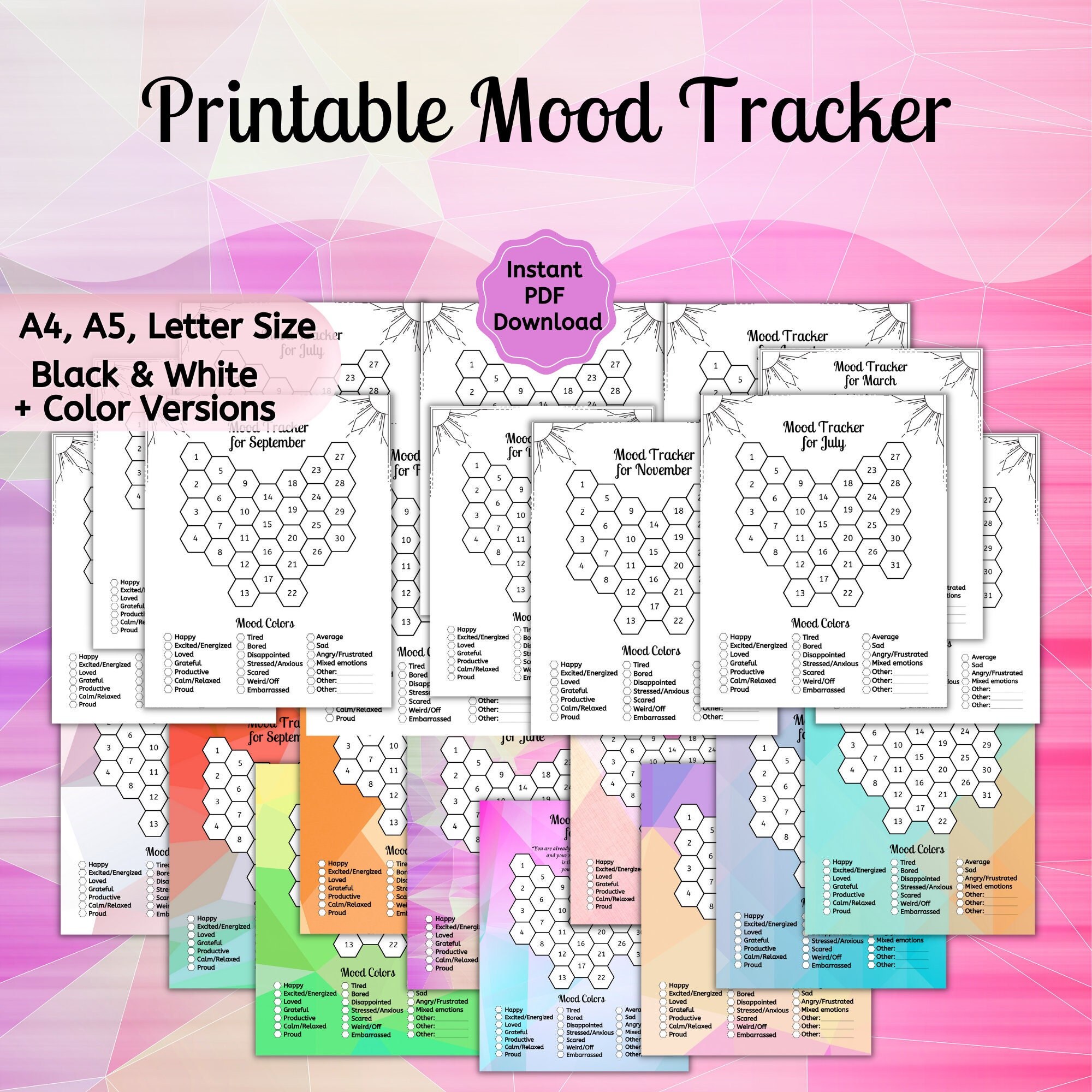 12 Printable Monthly Mood Tracker Templates Mood Tracking Pdfs Self ...
