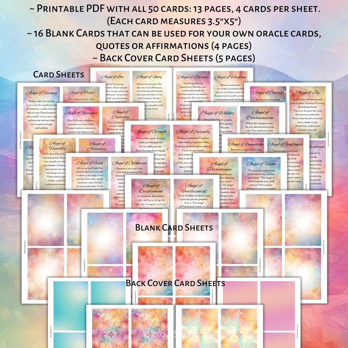 50 PRINTABLE Angel Oracle Cards Personal Use Colorful Spiritual ...
