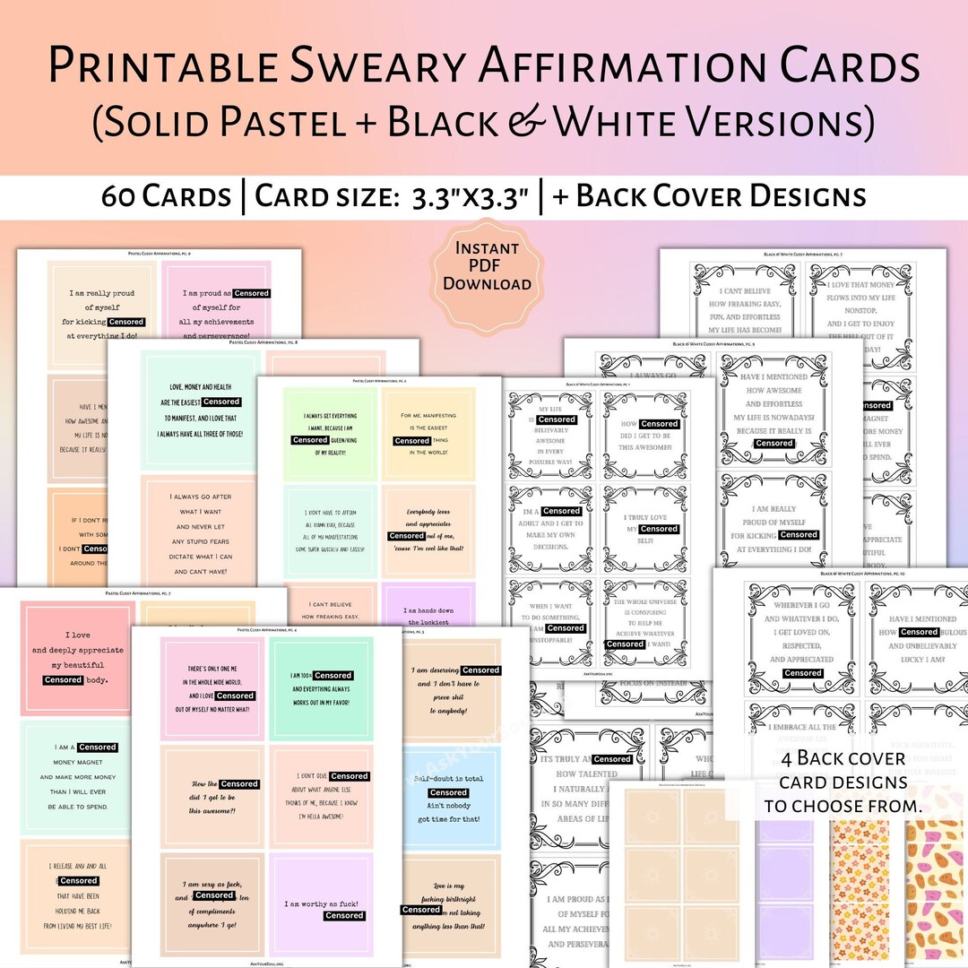 PRINTABLE Pastel Sweary Affirmation Cards 3.3x3.3 - Etsy