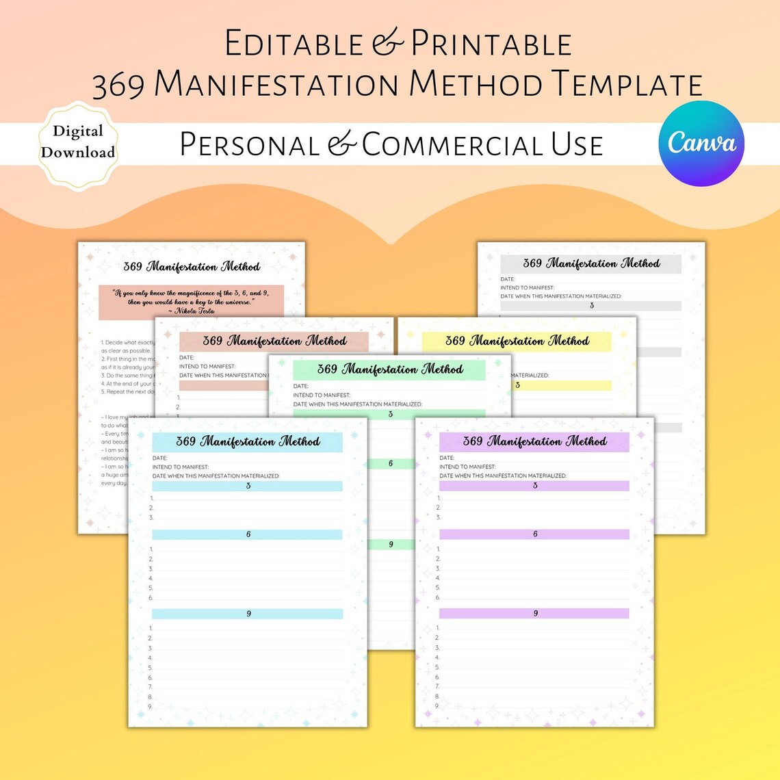 Editable & Printable 369 Method Template Canva Template - Etsy