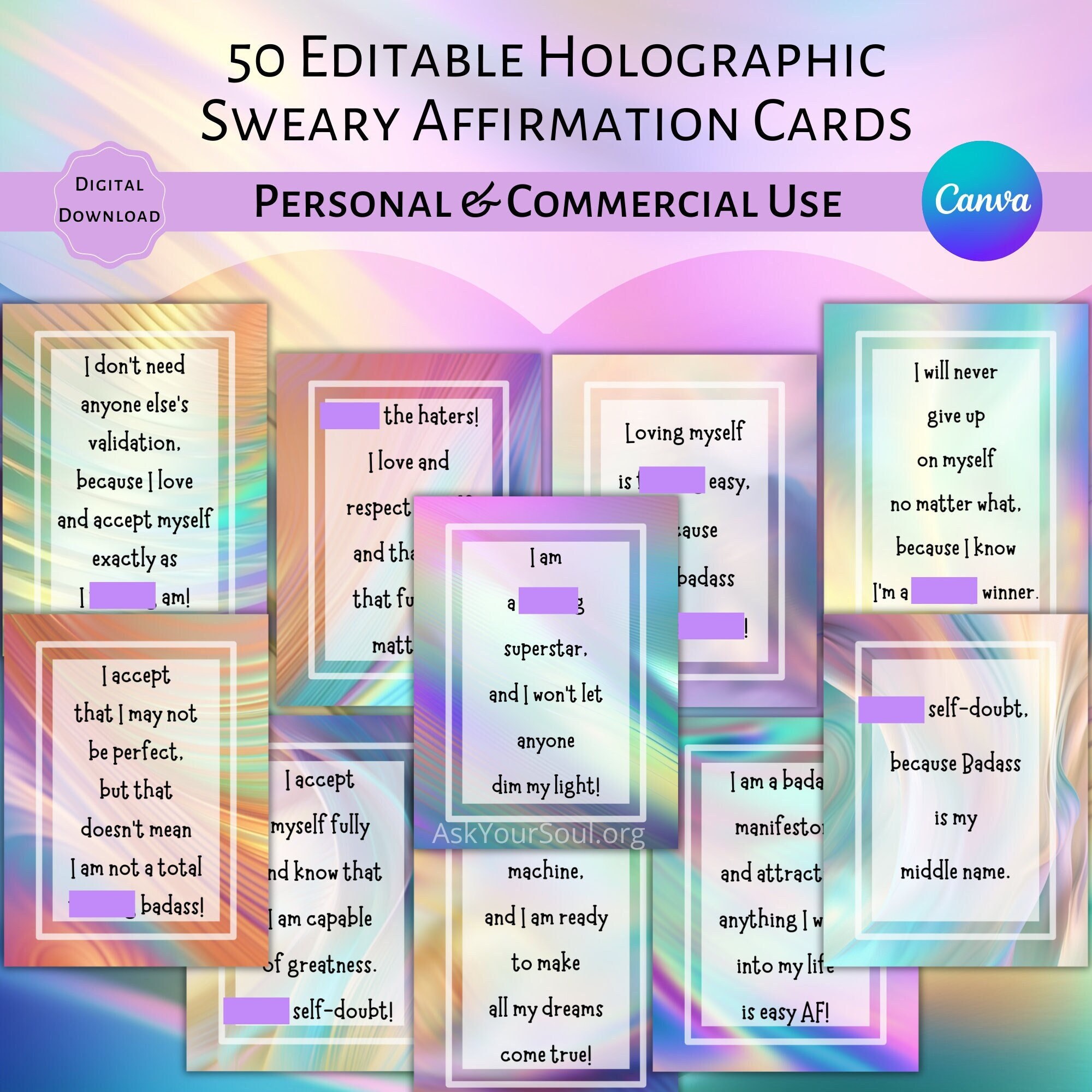 50 Editable Holographic Sweary Affirmation Cards Canva Template ...