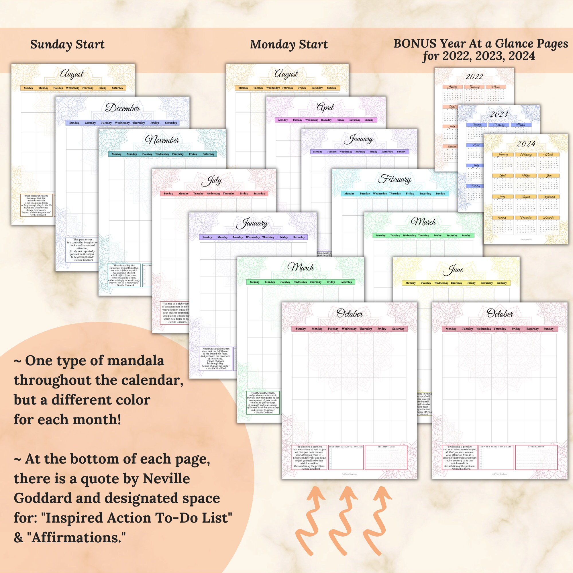 UNDATED PRINTABLE Monthly Calendar With Neville Goddard's Quotes ...