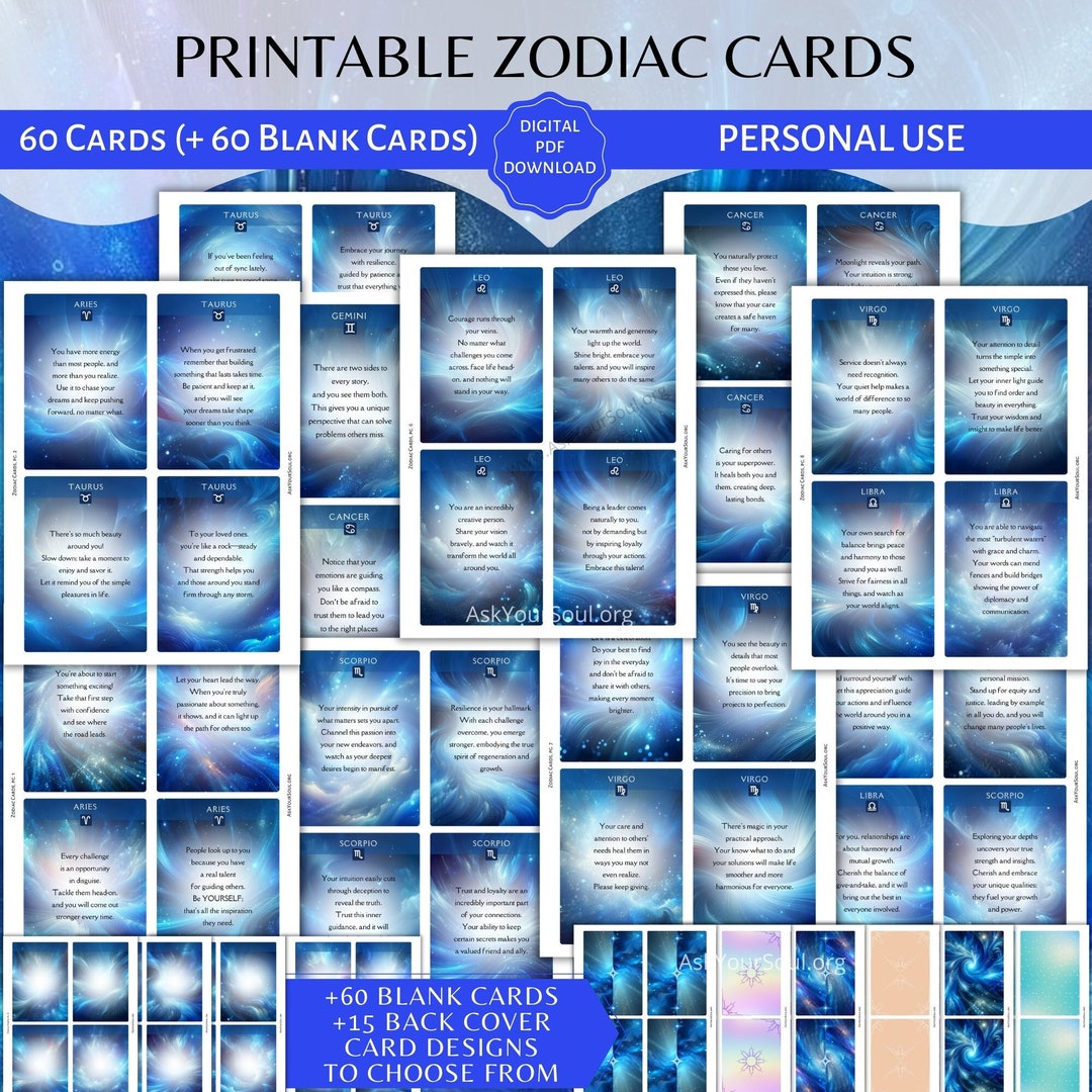 60 PRINTABLE Zodiac Oracle Cards Personal Use Spiritual Guidance ...