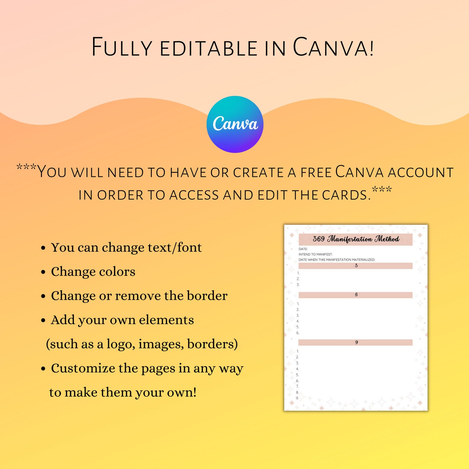 Editable & Printable 369 Method Template Canva Template - Etsy