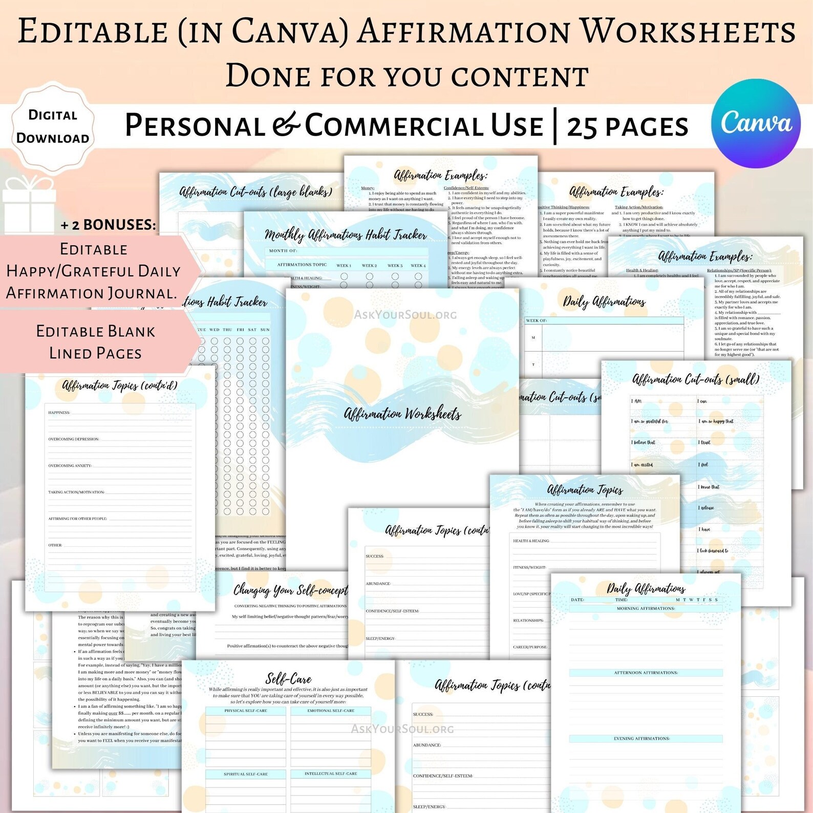 Editable Affirmation Worksheets and Affirmation Cards Canva Template ...