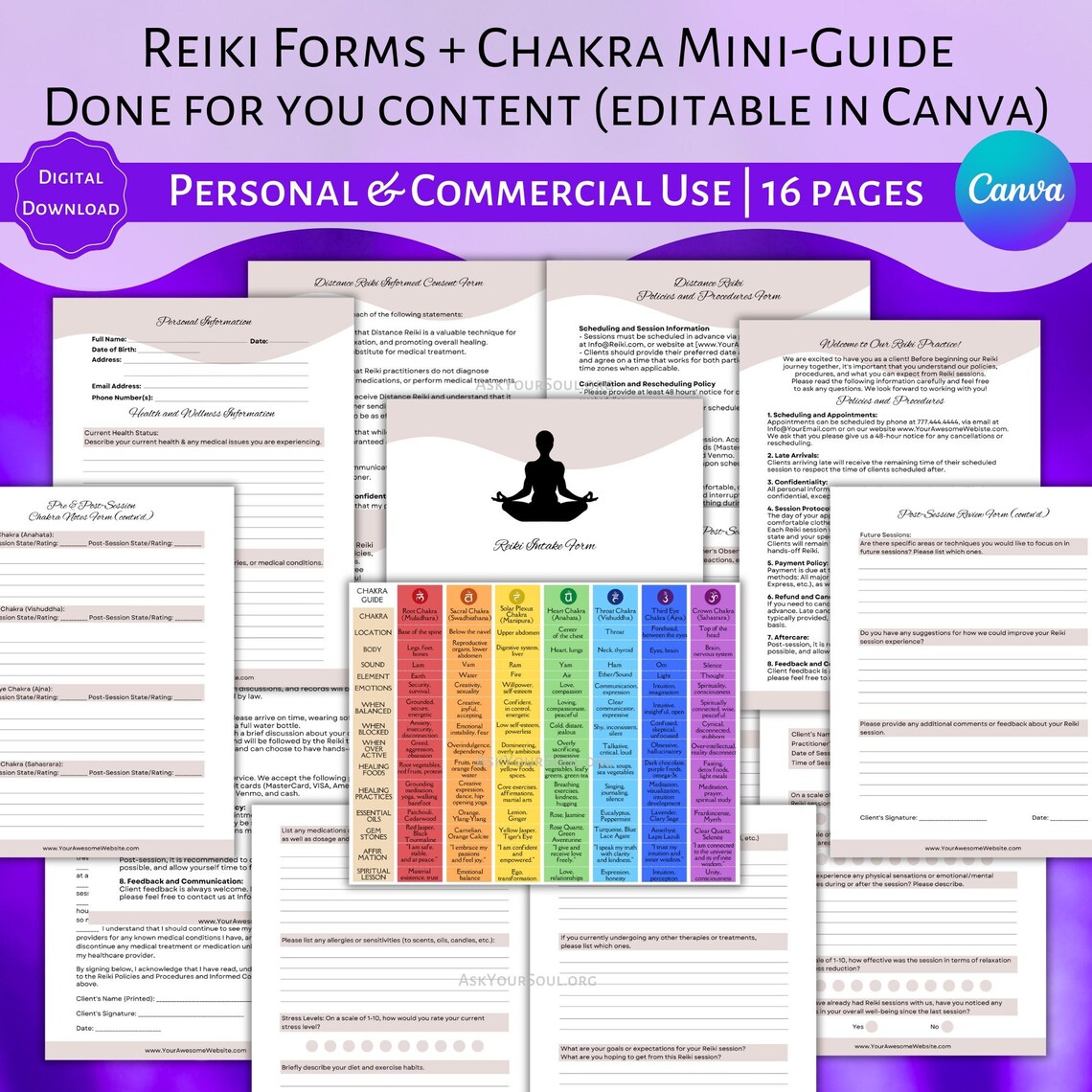 Editable Reiki Forms Canva Template Chakra Guide Commercial and ...