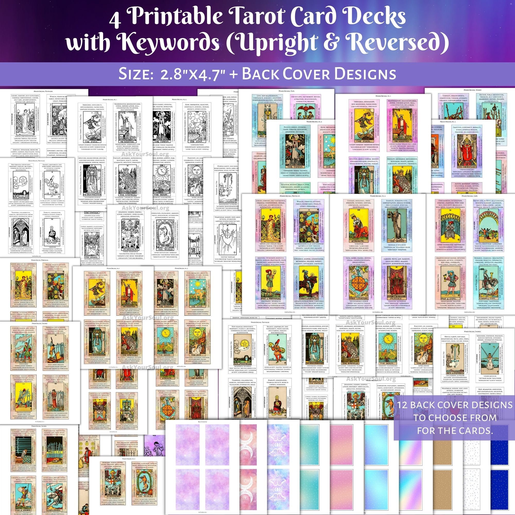 PRINTABLE Mega Tarot Bundle Rider-waite Tarot Card Decks PDF Beginner Tarot Bundle Back Covers ...