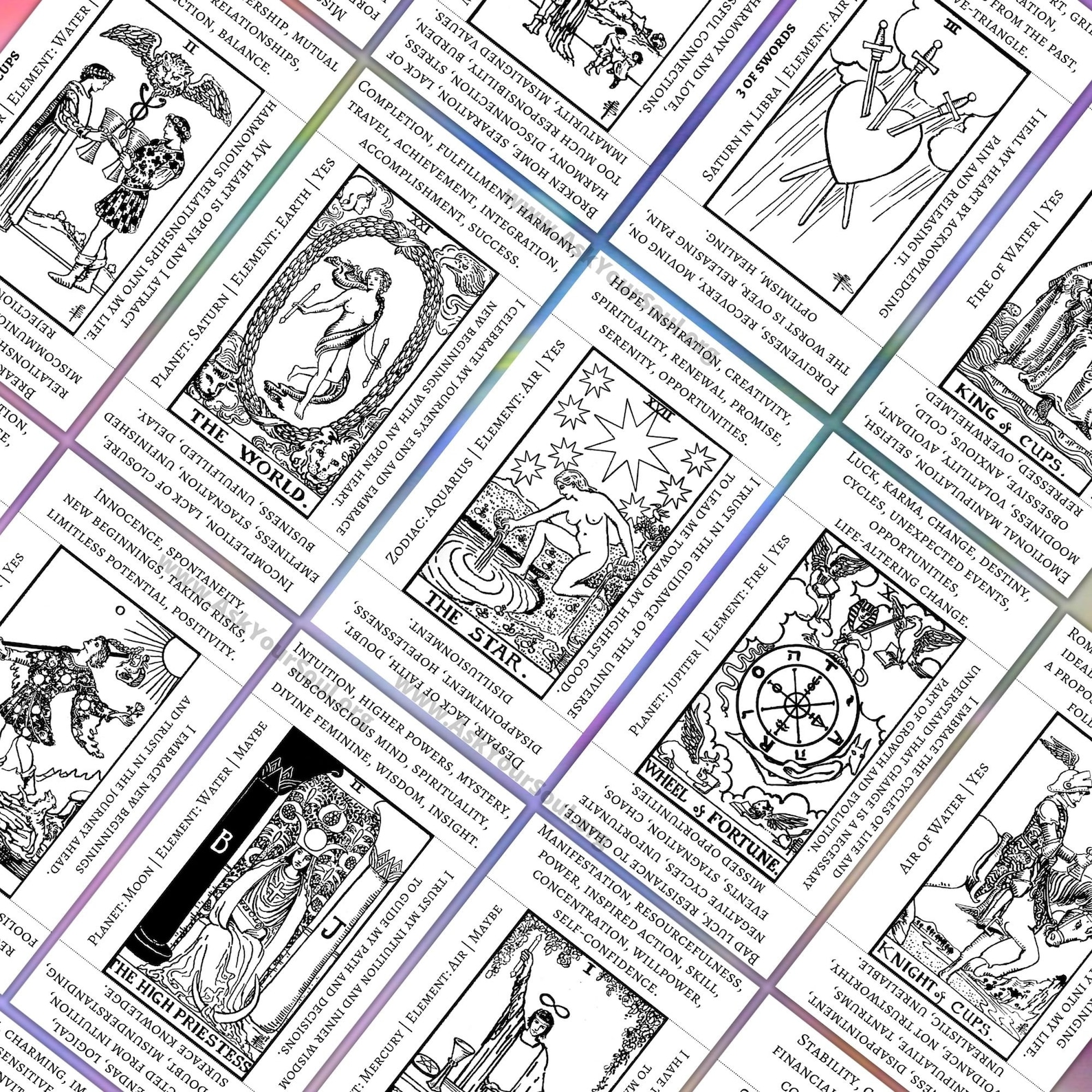 PRINTABLE Black & White Rider-waite Tarot Cards With Keywords PDF Upright and Reversed Meanings ...