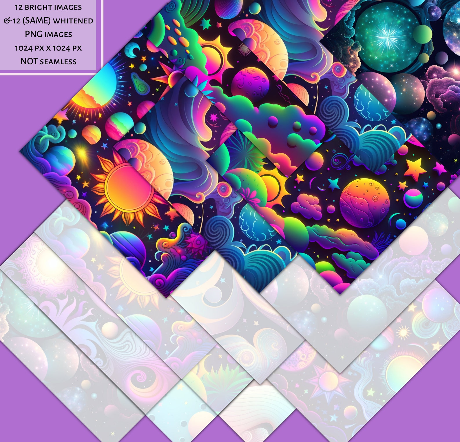 12 Celestial Digital Paper Pngs (two Versions) Commercial Use Colorful ...