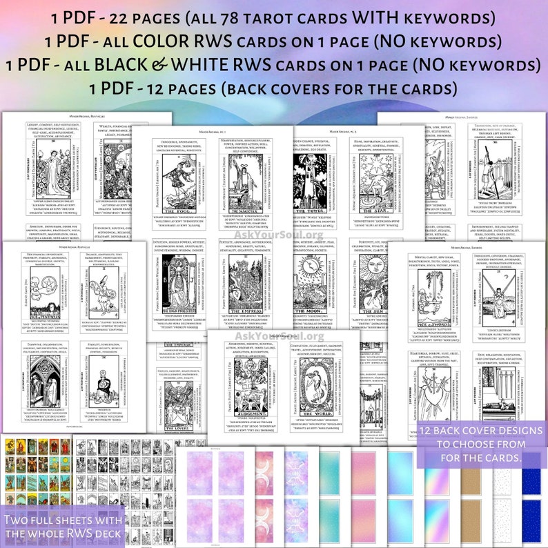 PRINTABLE Black & White Rider-waite Tarot Cards With Keywords PDF ...