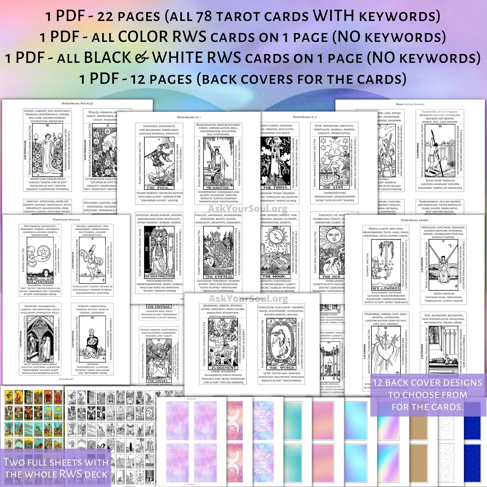PRINTABLE Black & White Rider-waite Tarot Cards With Keywords PDF Upright and Reversed Meanings ...