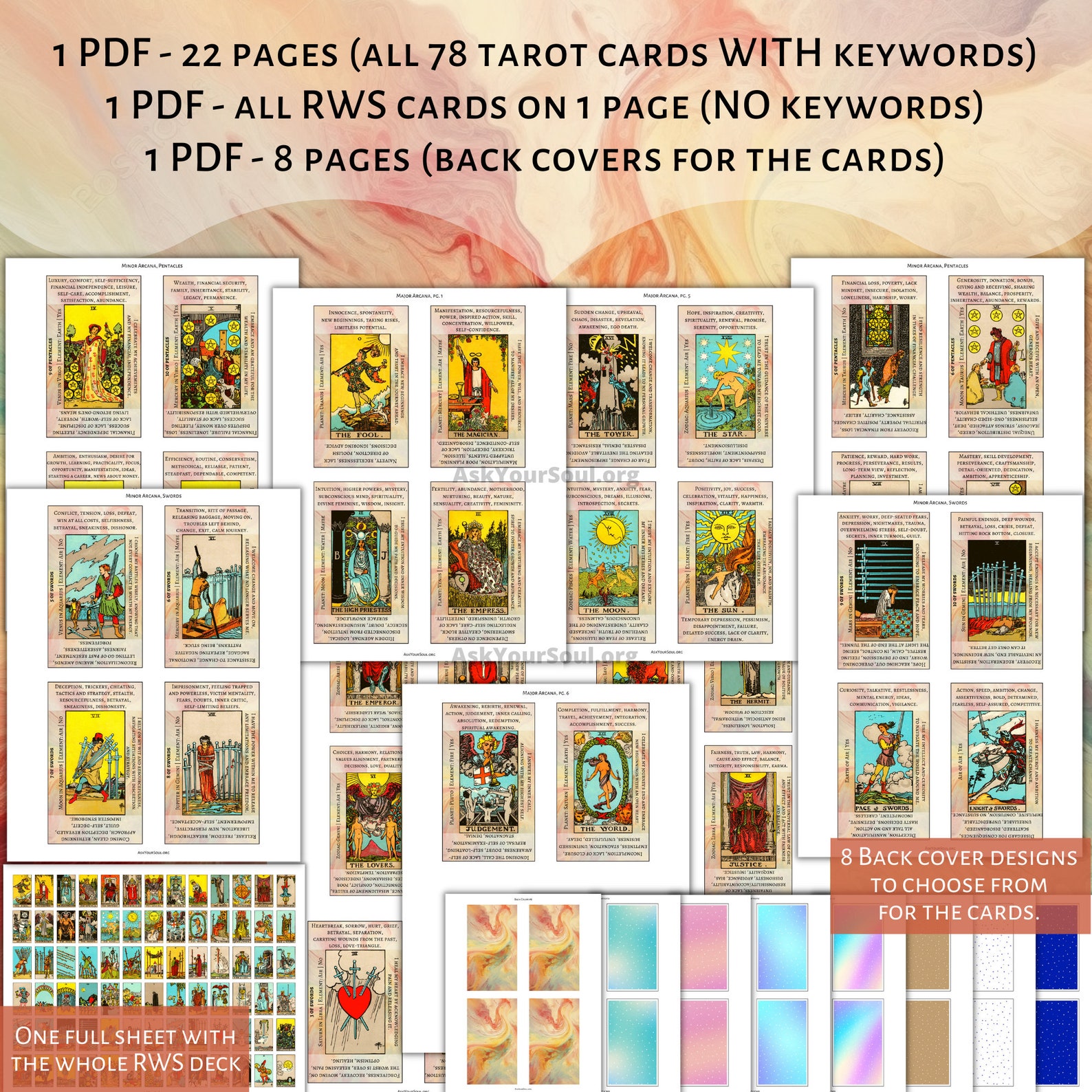 PRINTABLE Rider-waite Tarot Cards With Keywords PDF Upright and ...