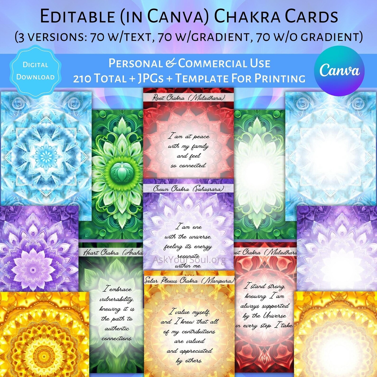 Editable Chakra Affirmation Cards Colorful Canva Template Commercial ...