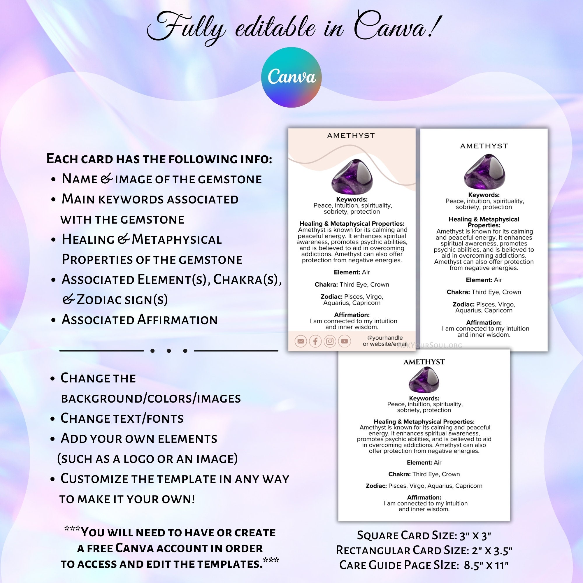 Editable Tumbled Gemstone and Crystal Meaning Cards, 3 Versions ...