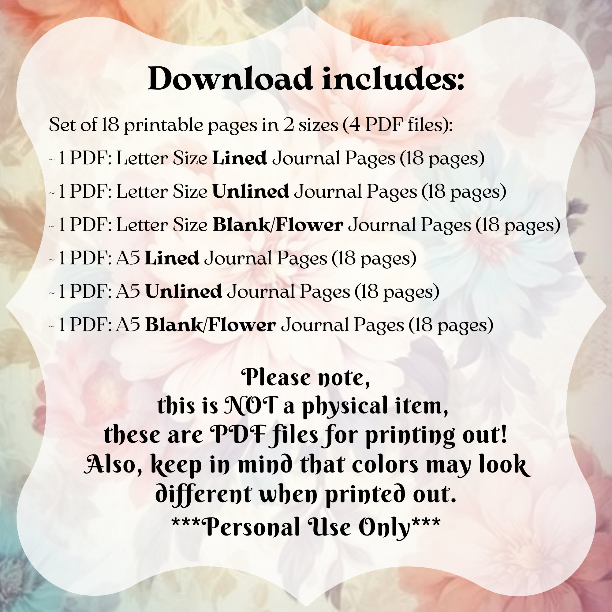 PRINTABLE Floral Journal Pages Lined Unlined, Shabby Roses, Letter, A5 ...