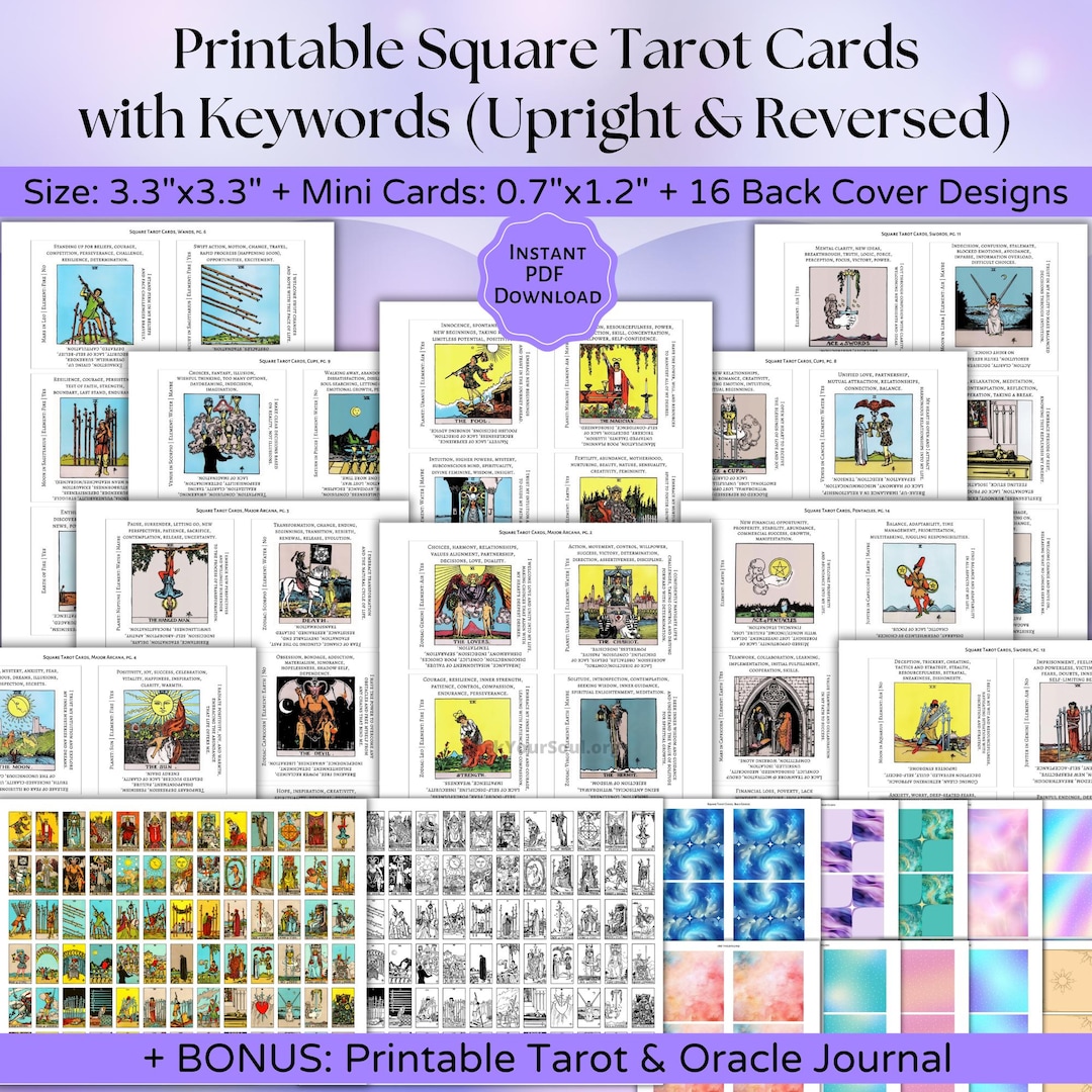 PRINTABLE Square Rider-waite Tarot Cards With Keywords PDF Upright and ...